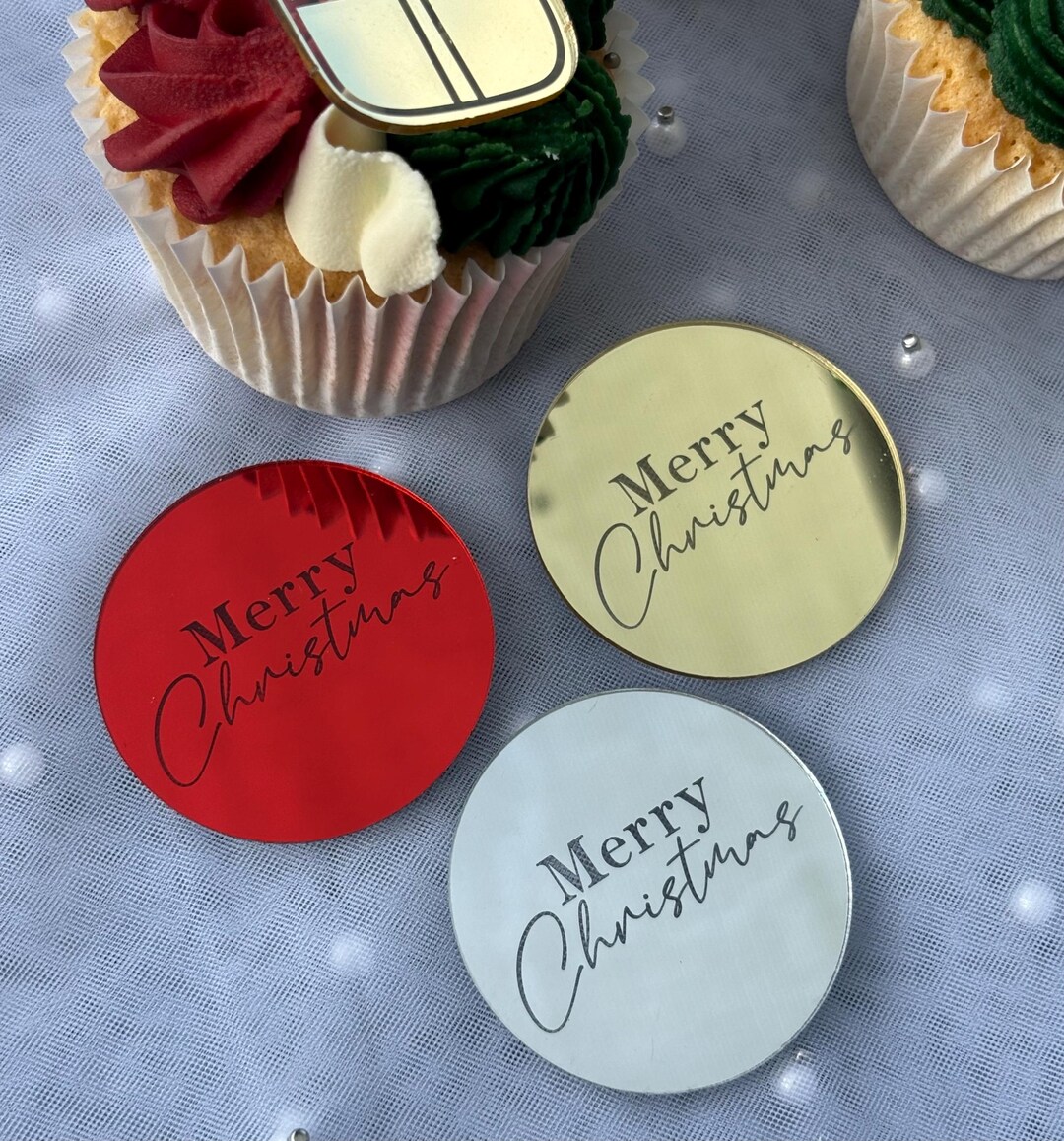 Merry Christmas Gold Acrylic Disc, Red or Silver - Cupcake Topper, Cake ...