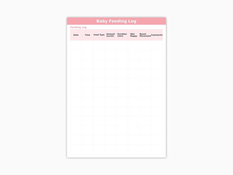Baby Feeding Log Printable | Track Date, Time, Feed Type, Amount ...