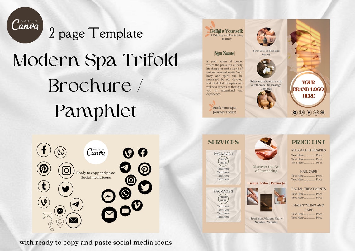 Minimalist Modern Spa Trifold Brochure Editable Template 11x8.5in ...