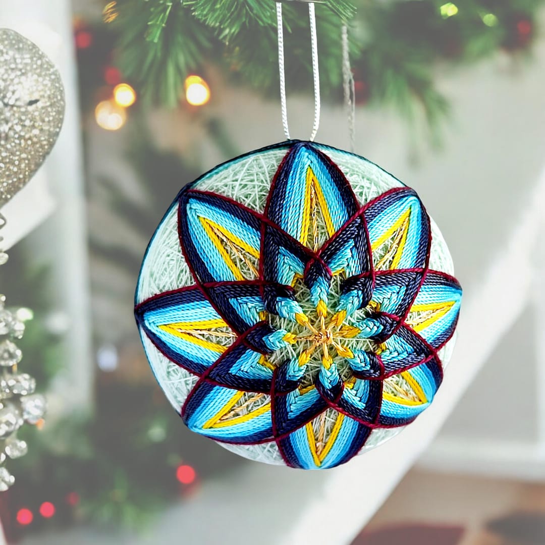 Blue Floral Motif Temari Ball Christmas Tree Hanging Charm, Japanese ...