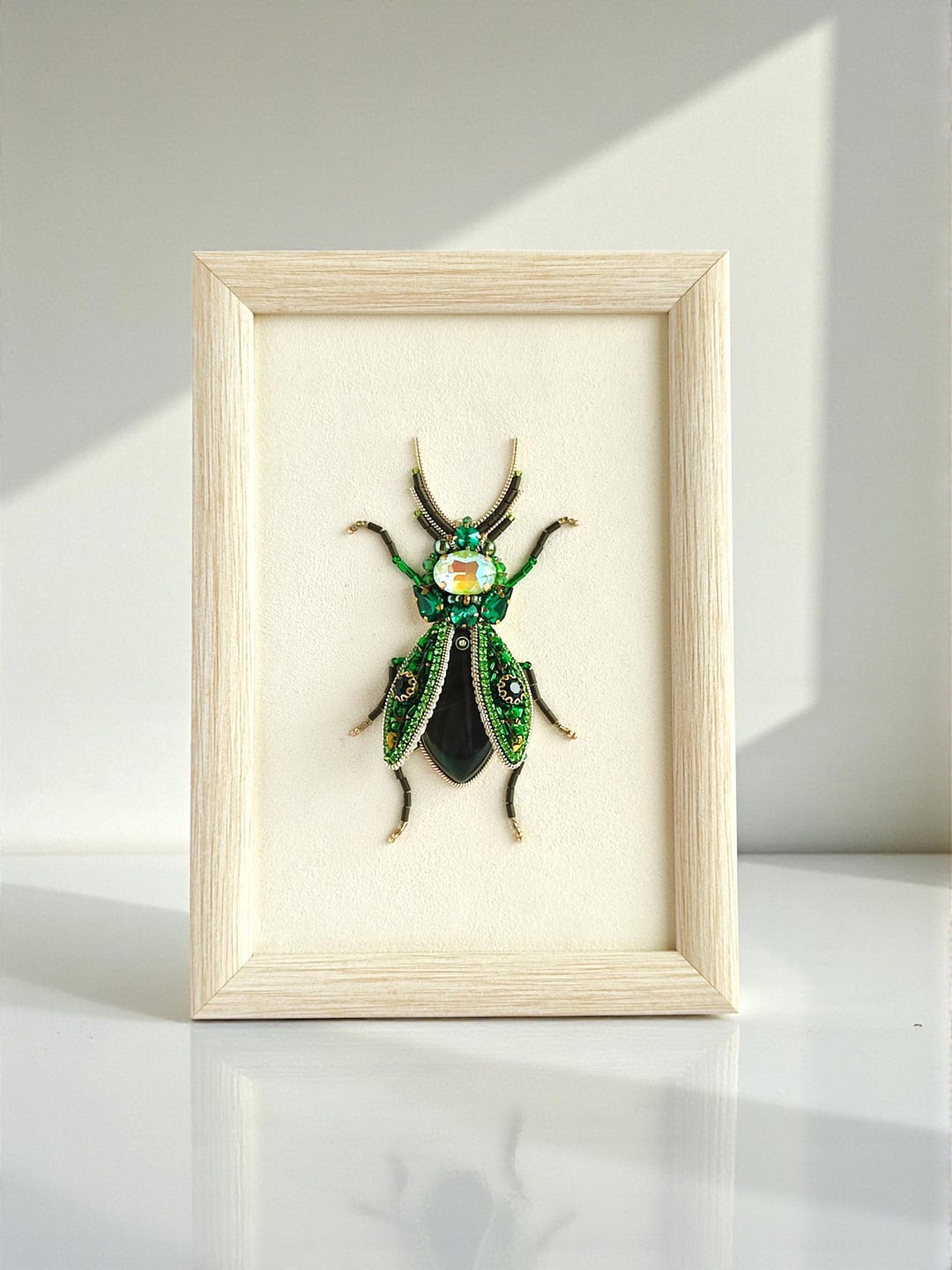 Framed 3d Beetle Embroidered Decor, Beaded Green Insect Wall Art, Bug ...