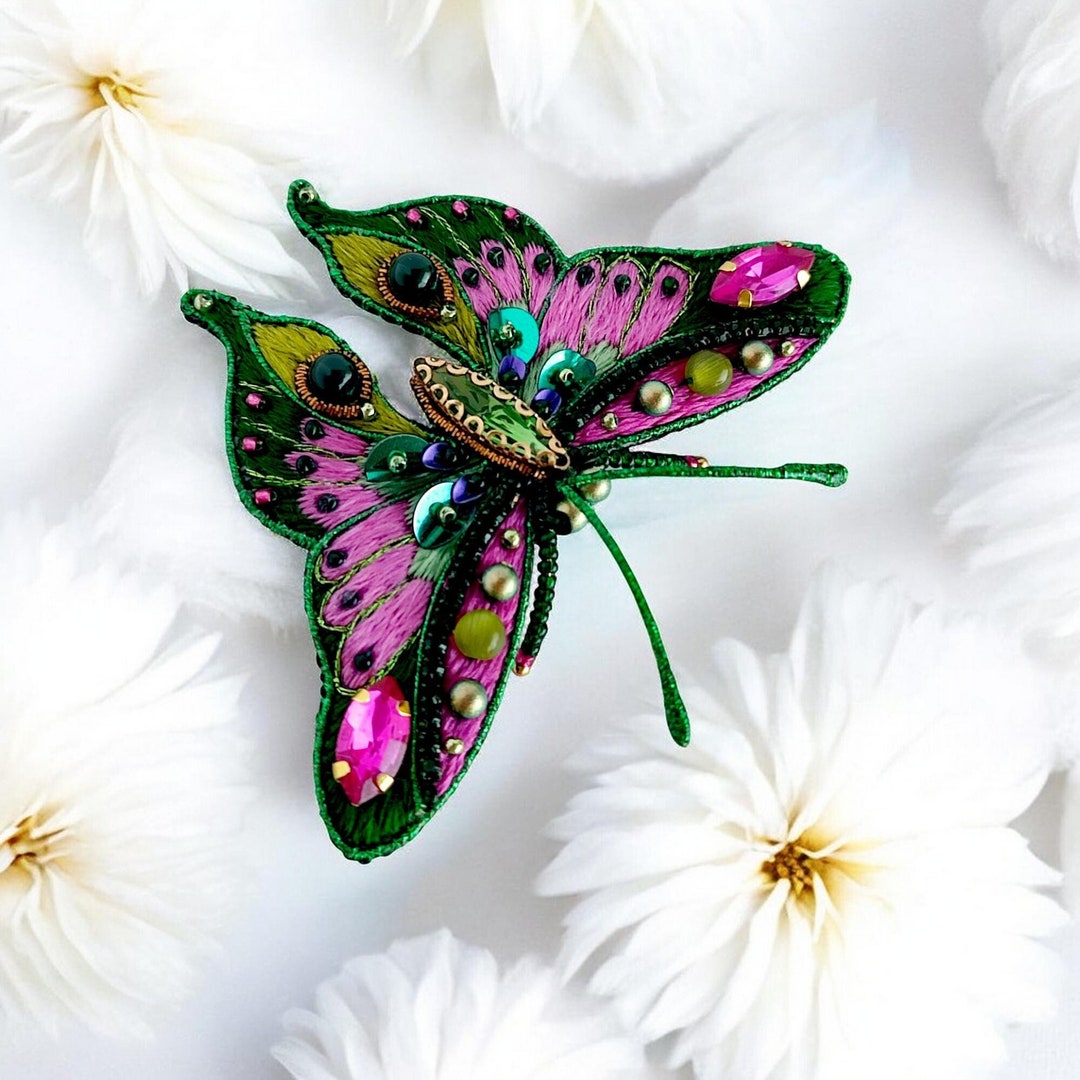 Butterfly Brooch Hand Embroidered Insect Pin Nature Lover Artisan ...