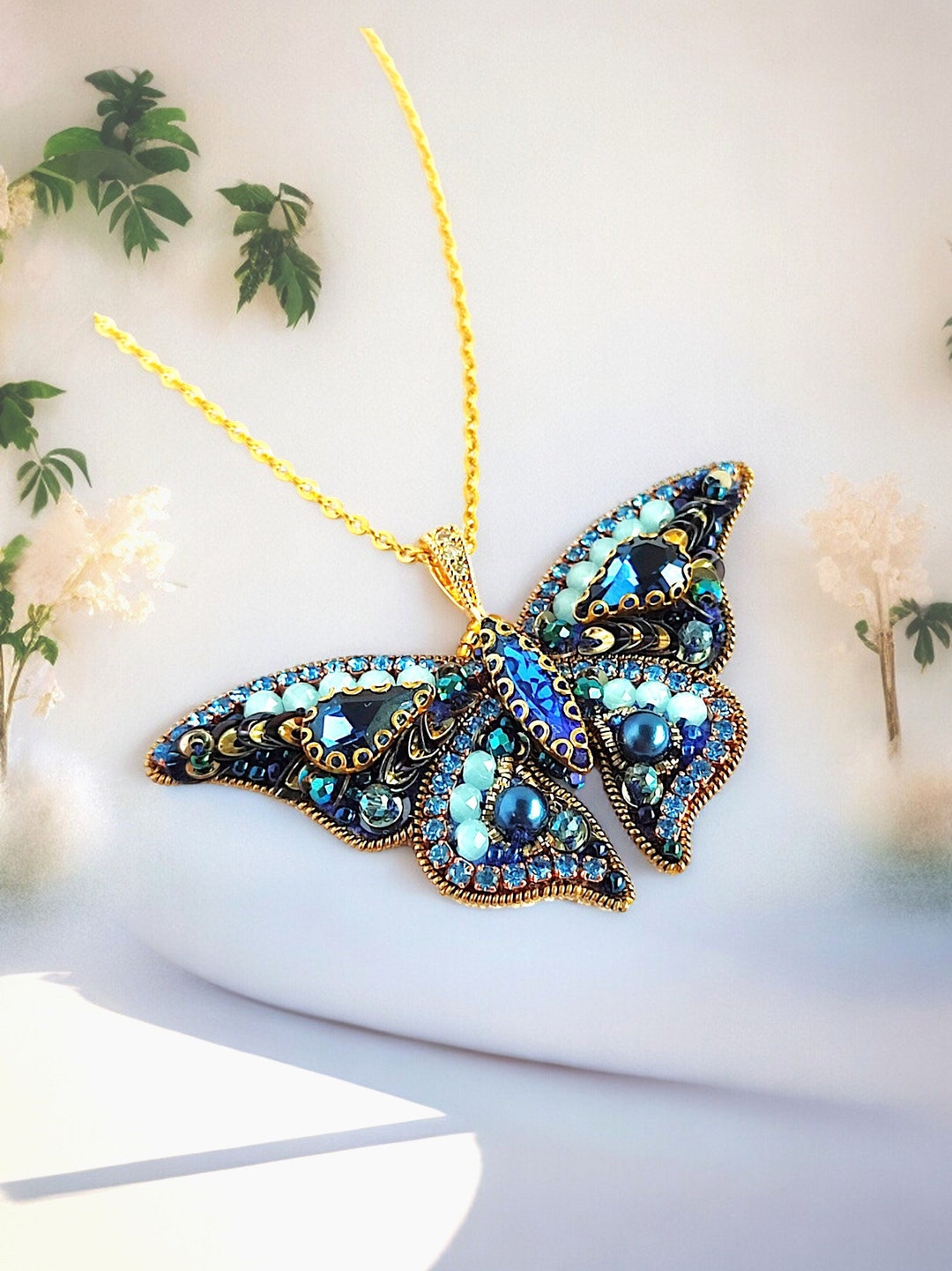 Blue Butterfly Pendant Necklace, Delicate Butterfly Embroidered Pendant ...