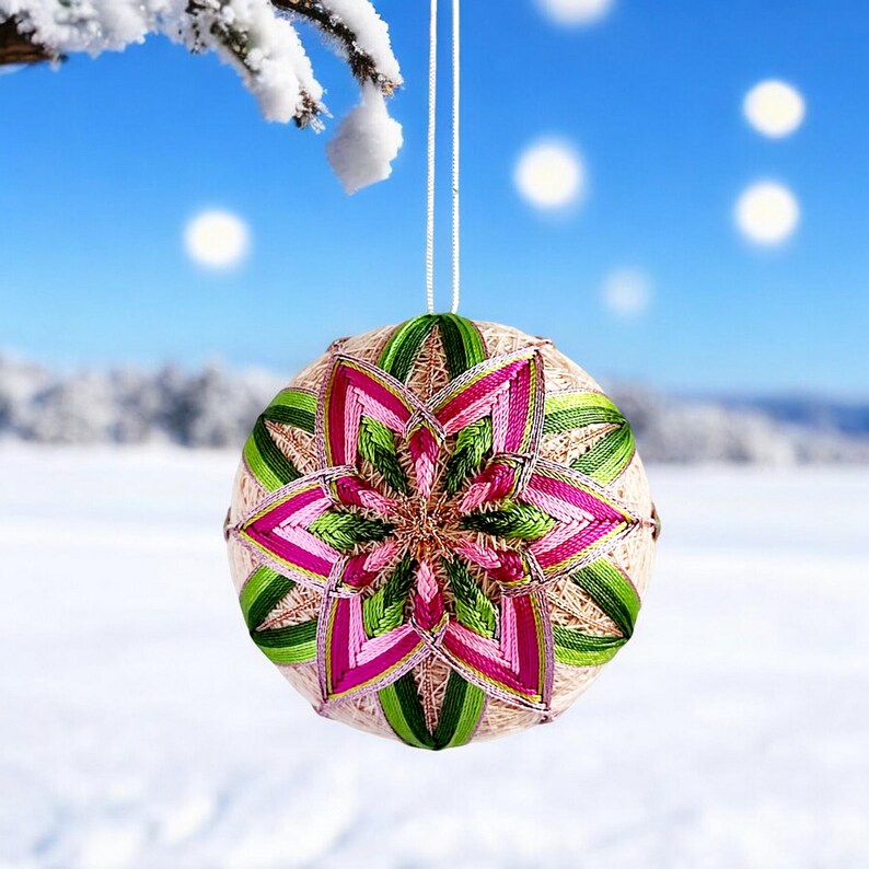 Colorful Floral Temari Ball Christmas Tree Hanging Charm, Japanese Art ...