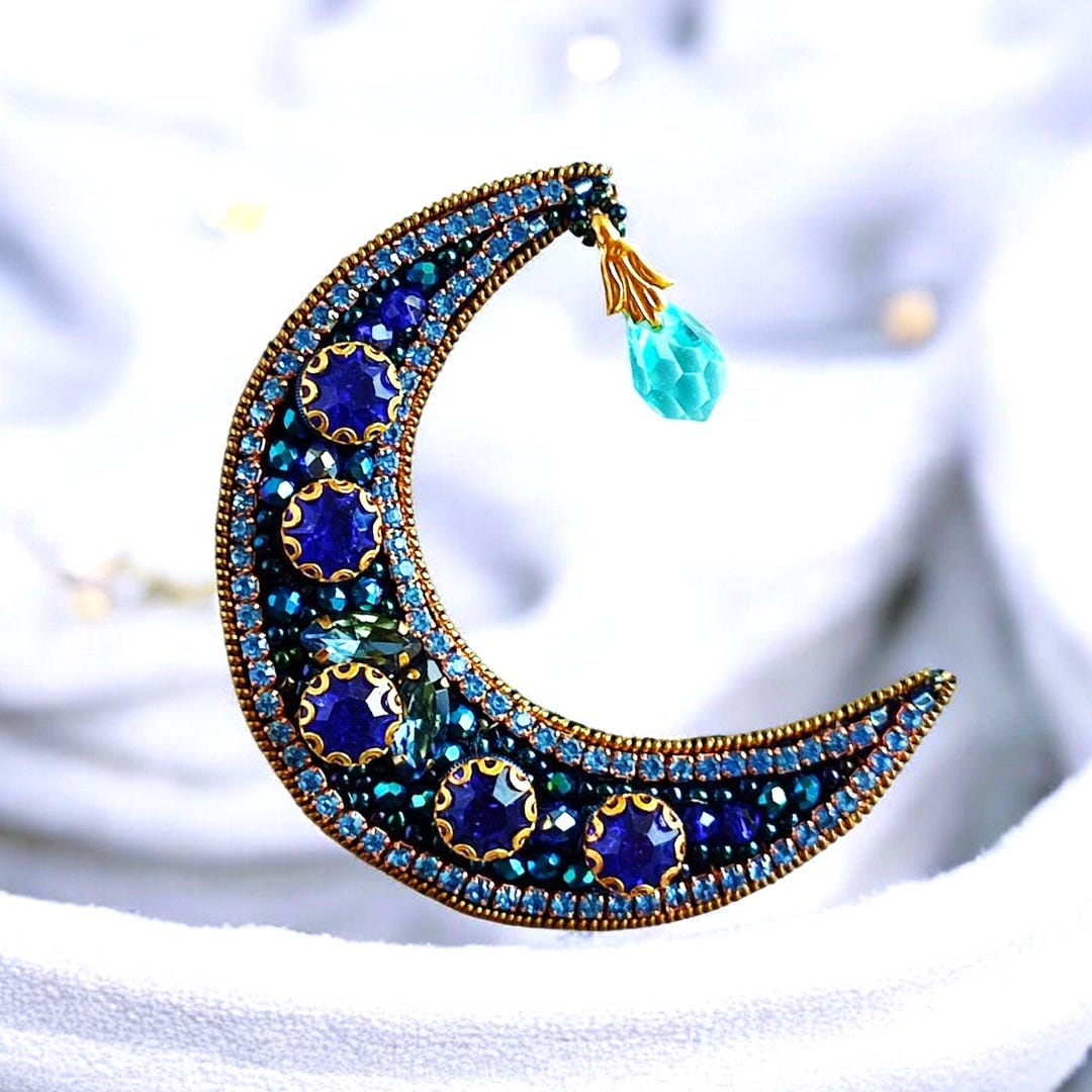 Moon Brooch Beaded Lunar Jewelry Space Lover Gift Blue Celestial Pin ...