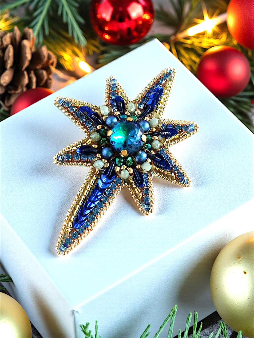 Blue Crystal Star Brooch, Night Sky Beaded Pin for Christmas, Winter ...