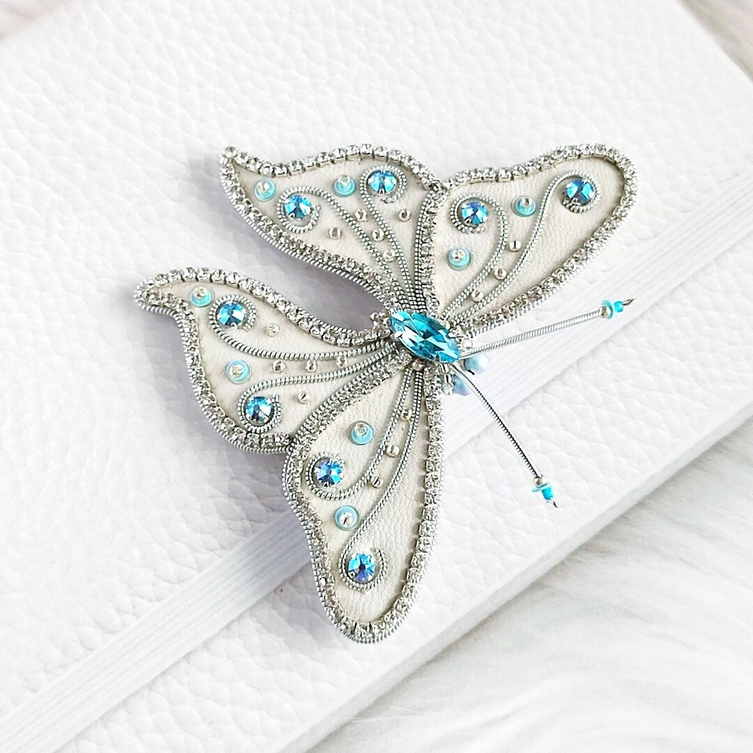 White Butterfly Pin Beaded Butterfly Brooch Hand Crafted Silver Insect ...