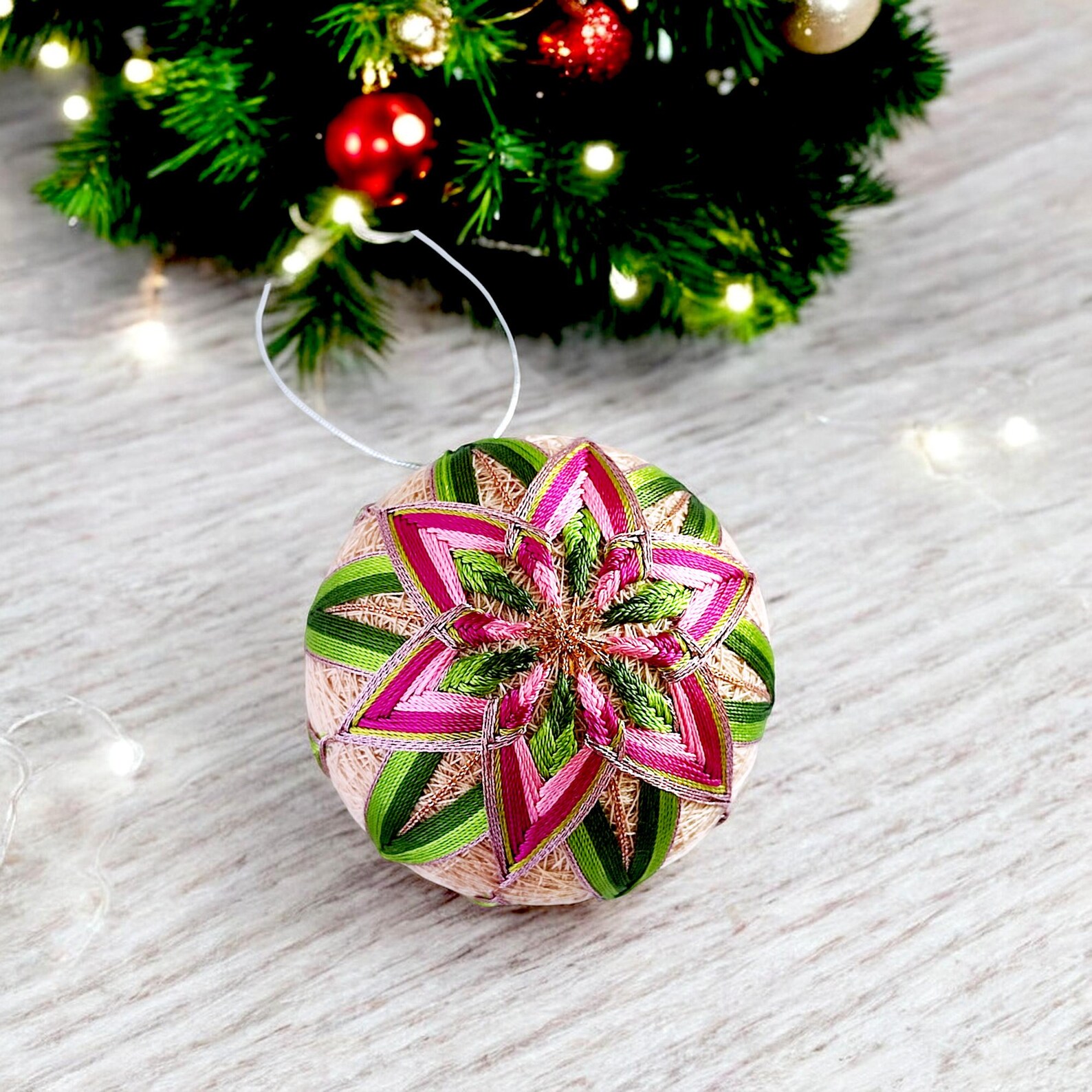 Colorful Floral Temari Ball Christmas Tree Hanging Charm, Japanese Art ...