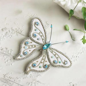 White Butterfly Pin Beaded Butterfly Brooch Hand Crafted Silver Insect ...