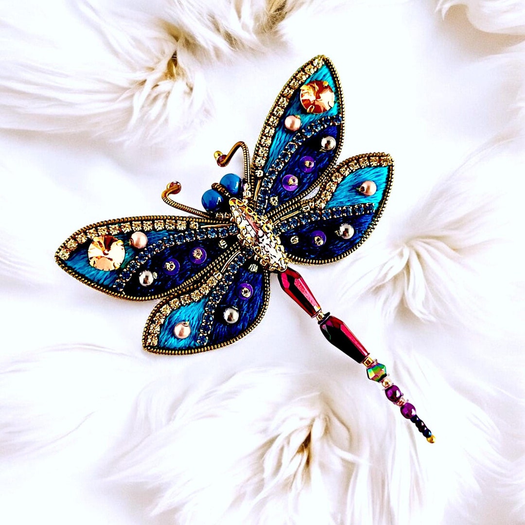 Blue Dragonfly Brooch Pin, Crystal Insect Wild Spirit Handcrafted ...
