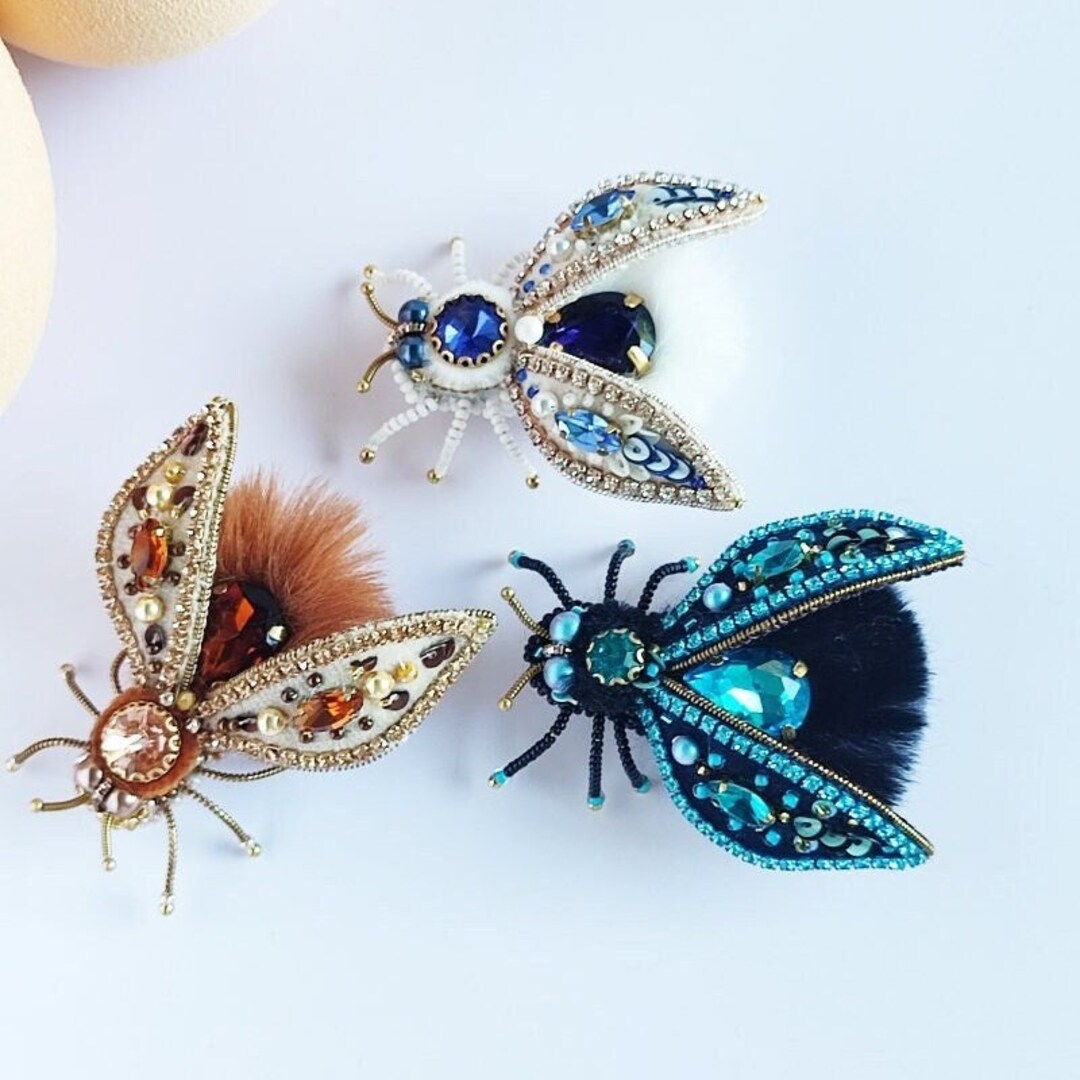 White Blue Fly Brooch, Beaded Insect Pin, Gift for Nature Lovers ...