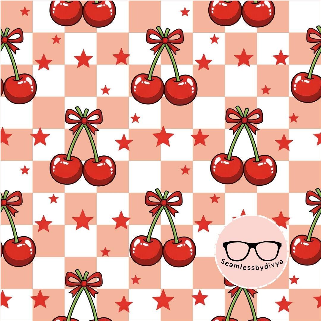 Kawaii Cherry Star Seamless PNG, Pink Checkerboard Digital Paper, Cute ...
