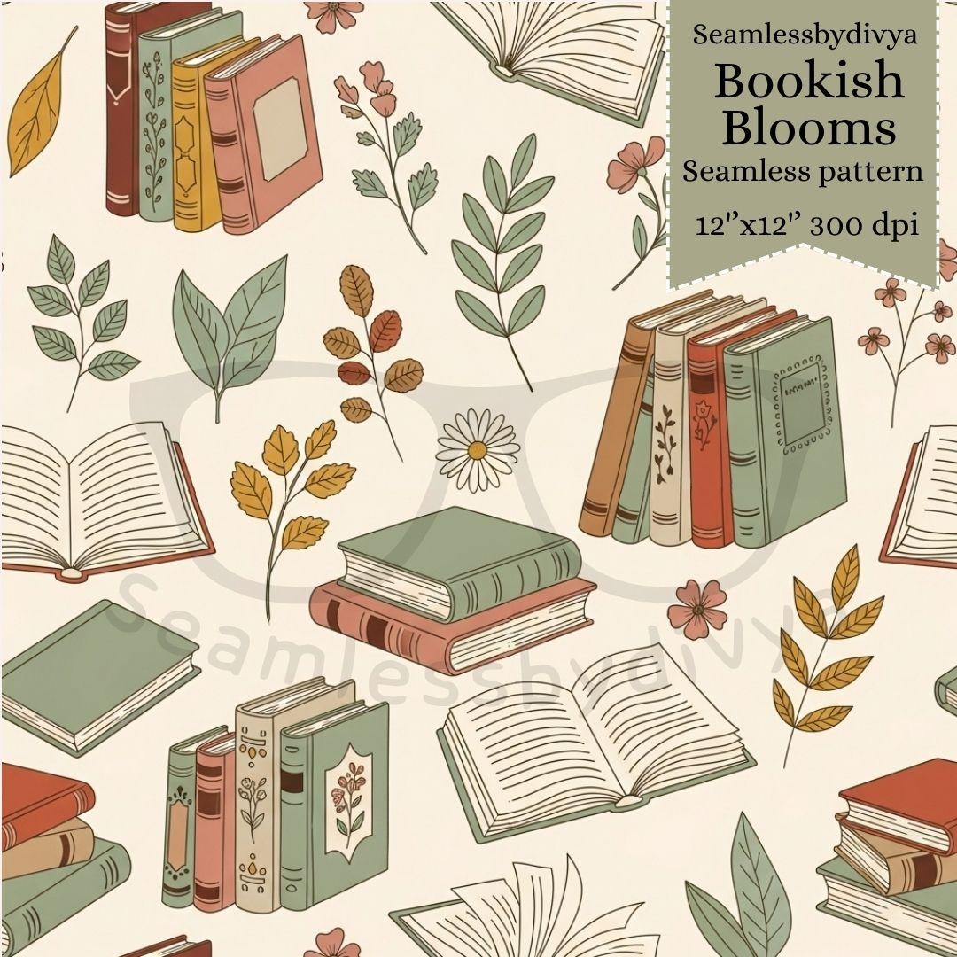 Book Lover Seamless Digital Paper for Fabric Print, Cozy Library Floral ...
