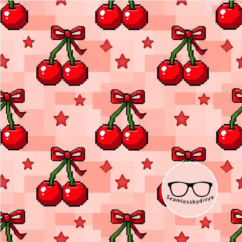 8-bit Cherry Seamless Pattern, Retro Pink Bow Star Print (digital ...