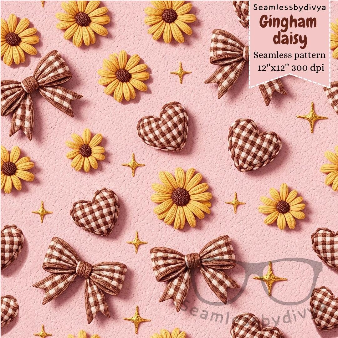 Gingham Bow Daisy Heart Seamless Pattern, Cute Pink Retro Floral ...