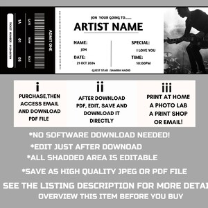 Concert Ticket Template, Editable Concert Ticket, Concert Ticket Gift ...