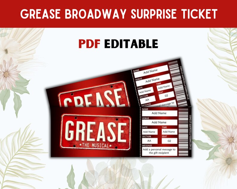 Editable Grease Broadway Ticket Template, Printable Ticket, Musical ...