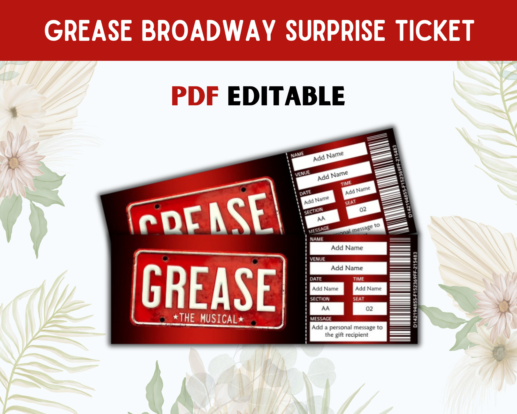 Editable Grease Broadway Ticket Template, Printable Ticket, Musical ...
