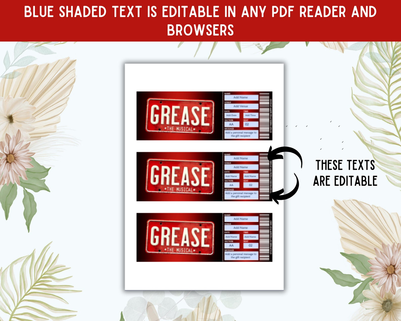 Editable Grease Broadway Ticket Template, Printable Ticket, Musical ...
