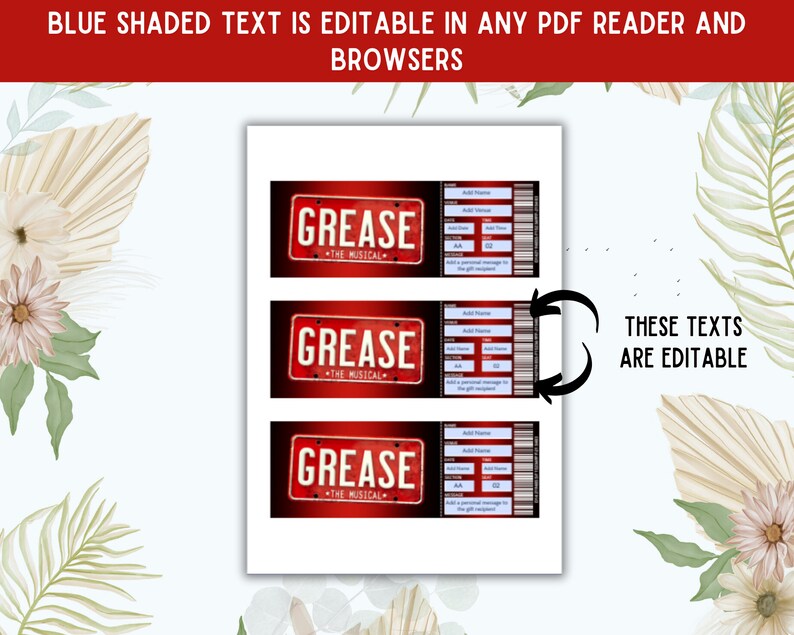 Editable Grease Broadway Ticket Template, Printable Ticket, Musical ...