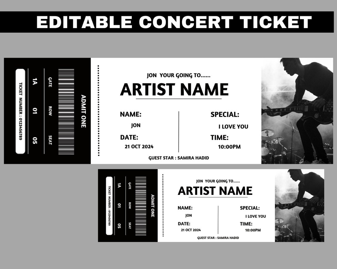 Concert Ticket Template, Editable Concert Ticket, Concert Ticket Gift ...