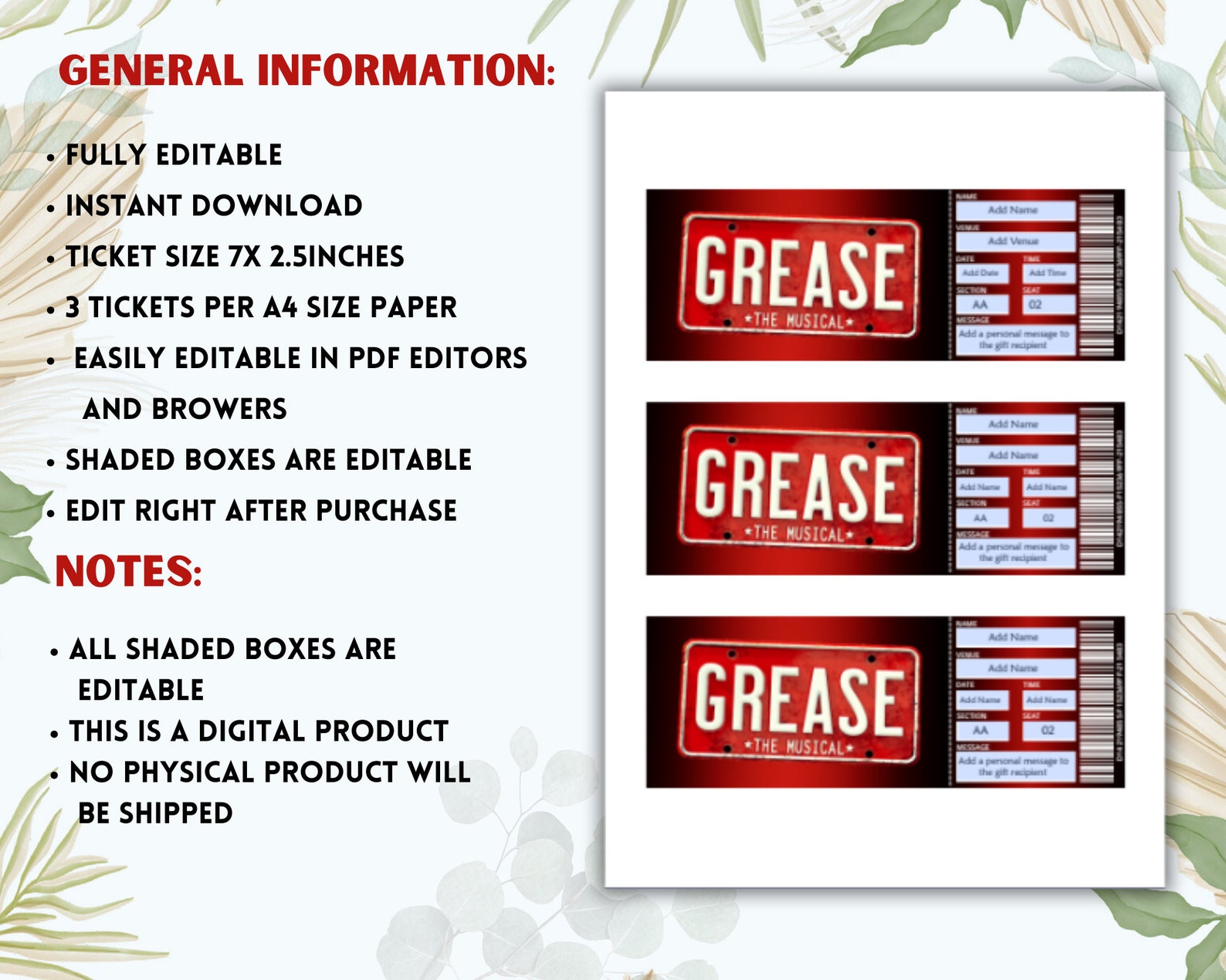 Editable Grease Broadway Ticket Template, Printable Ticket, Musical ...