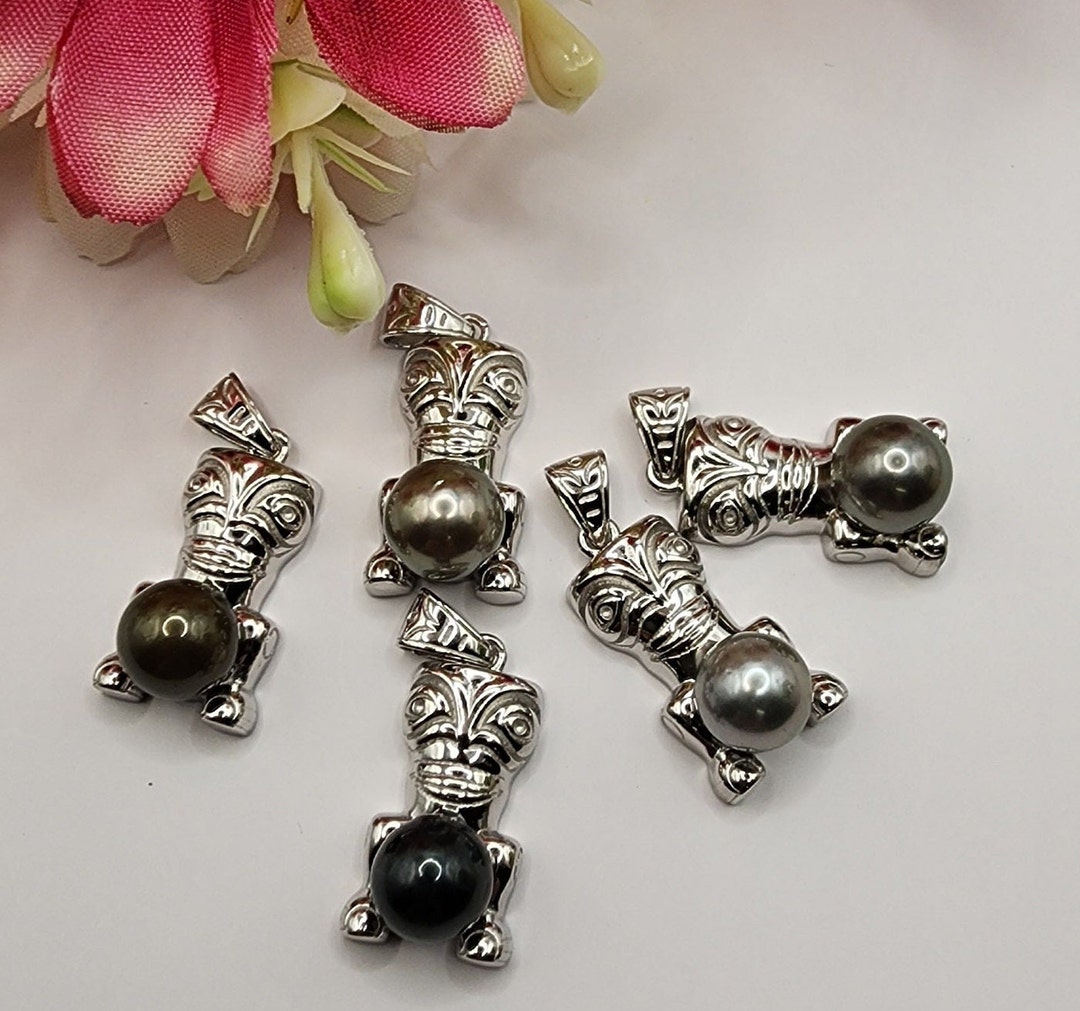 Sterling Silver Tiki 9mm Tahitian Pearl Pendants - Etsy