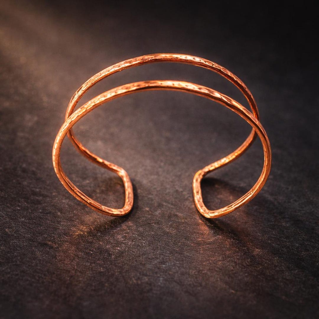 Hammered Copper Double Wire Cuff Bracelet, Adjustable Unisex Minimal ...