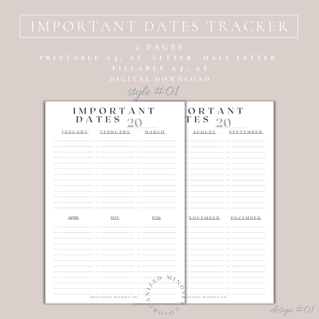 Important Dates Tracker • Yearly Tracker • Printable A4/a5/letter/half ...