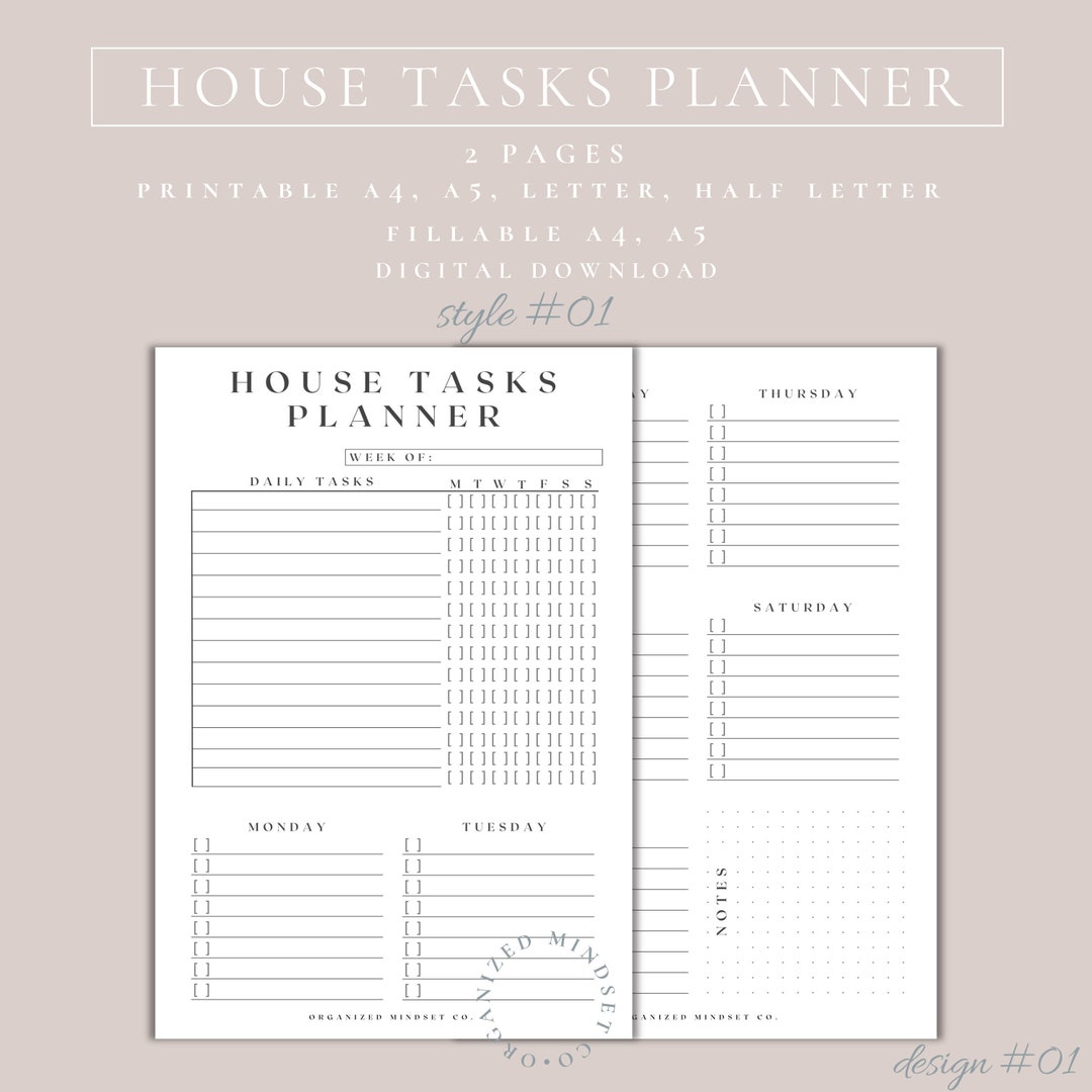 House Tasks Planner • Printable Insert • 2 Sheets Planner • A4/a5 ...