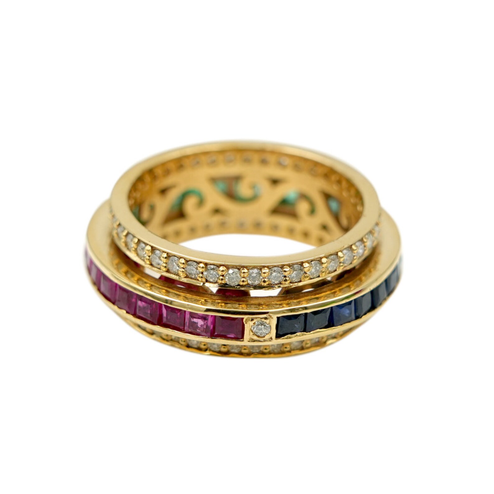 Natural Ruby/emerald/sapphire & Diamond Studded 14k Solid Gold Rotating ...