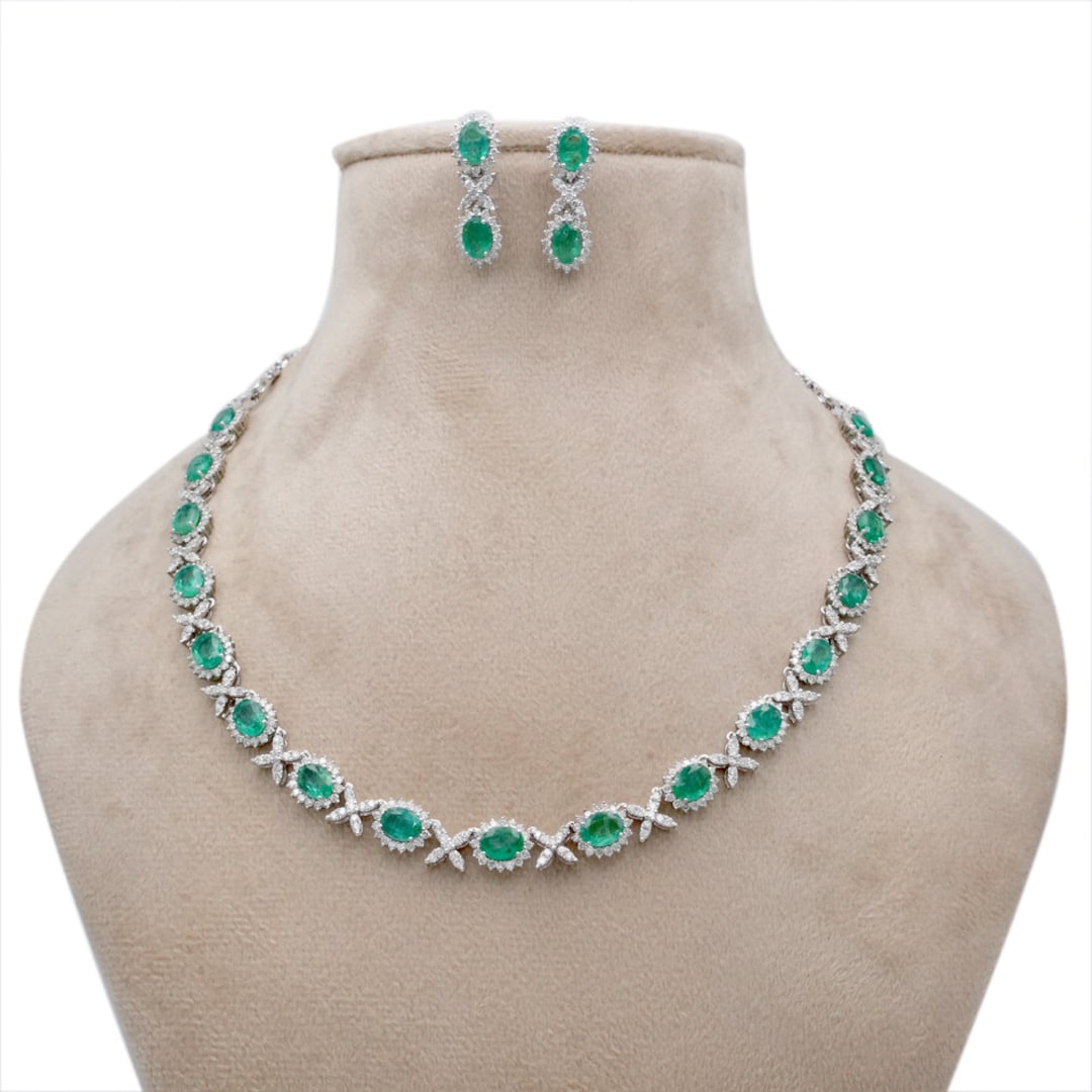 Natural Emerald & Diamond Studded 14K Solid White Gold Necklace, May ...