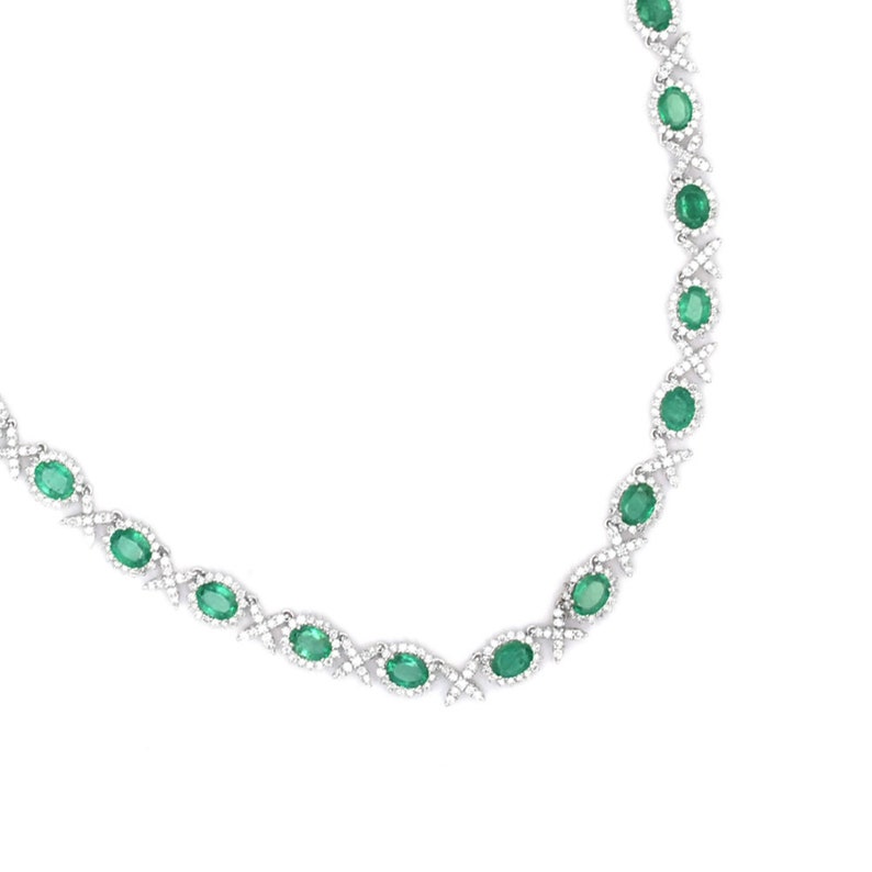Natural Emerald & Diamond Studded 14K Solid White Gold Necklace, May ...