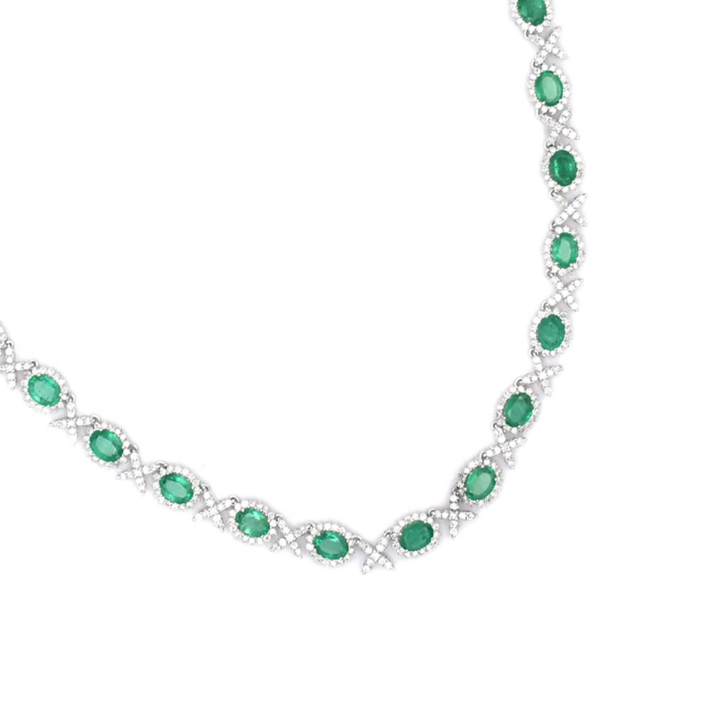 Natural Emerald & Diamond Studded 14K Solid White Gold Necklace, May ...