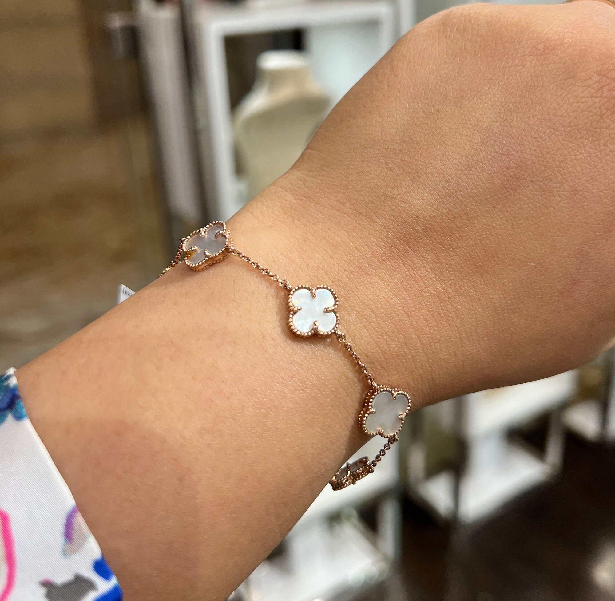 Natural Black Onyx/mop/malachite 18k Solid Gold Clover Bracelet, Lucky Four Clover Leaf, Van ...