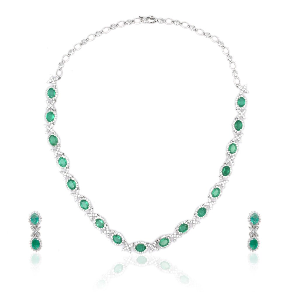 Natural Emerald & Diamond Studded 14K Solid White Gold Necklace, May ...