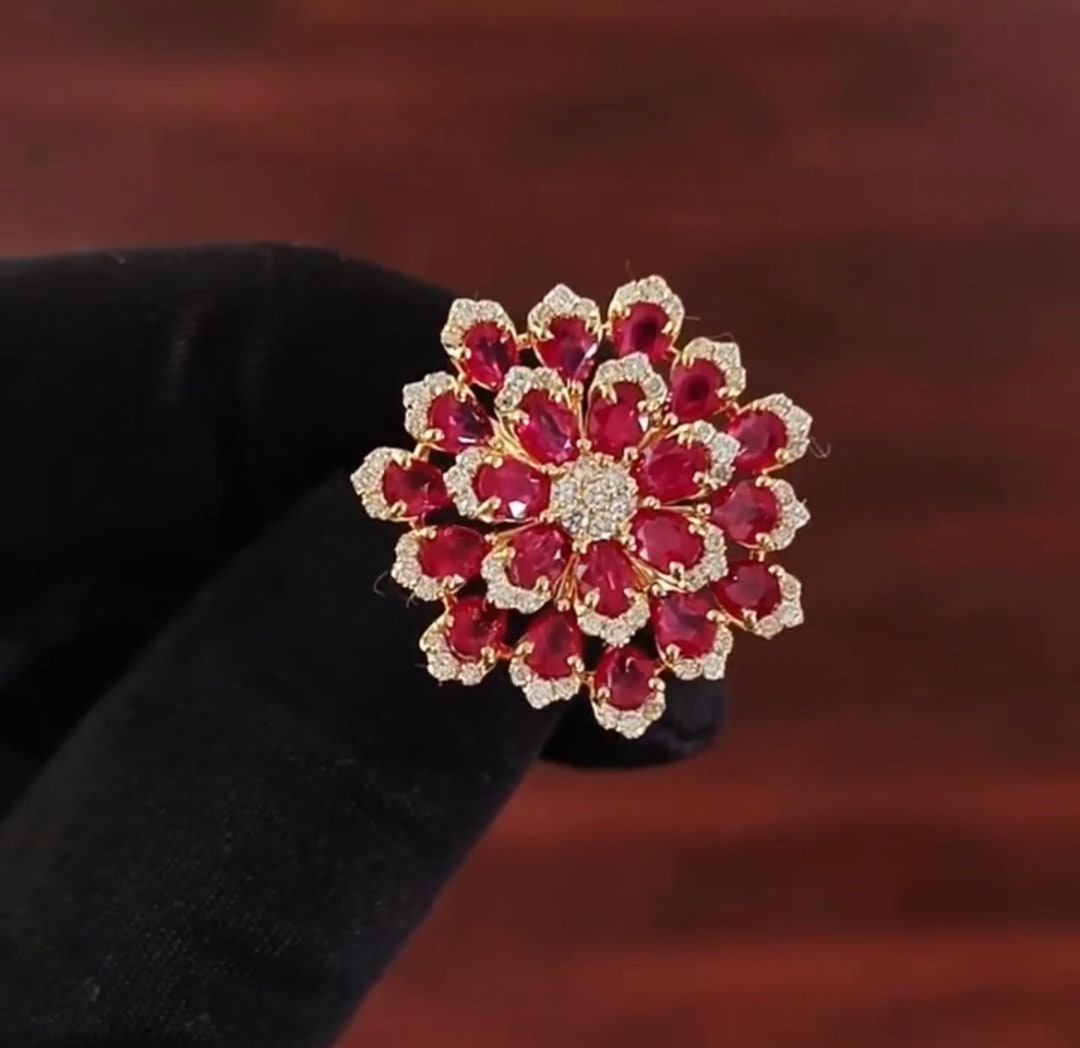 Mozambique Ruby Diamond 18K Yellow Gold Flower Ring - Etsy