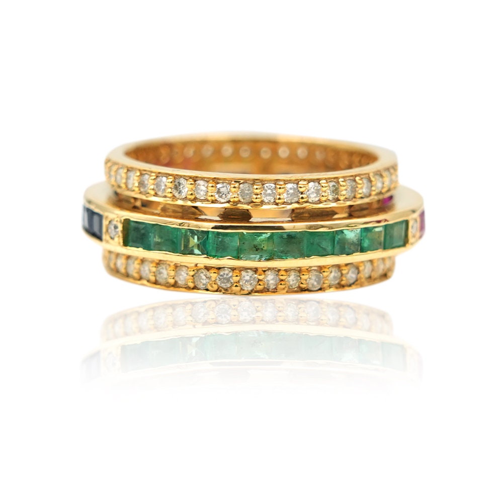 Natural Ruby/emerald/sapphire & Diamond Studded 14k Solid Gold Rotating ...