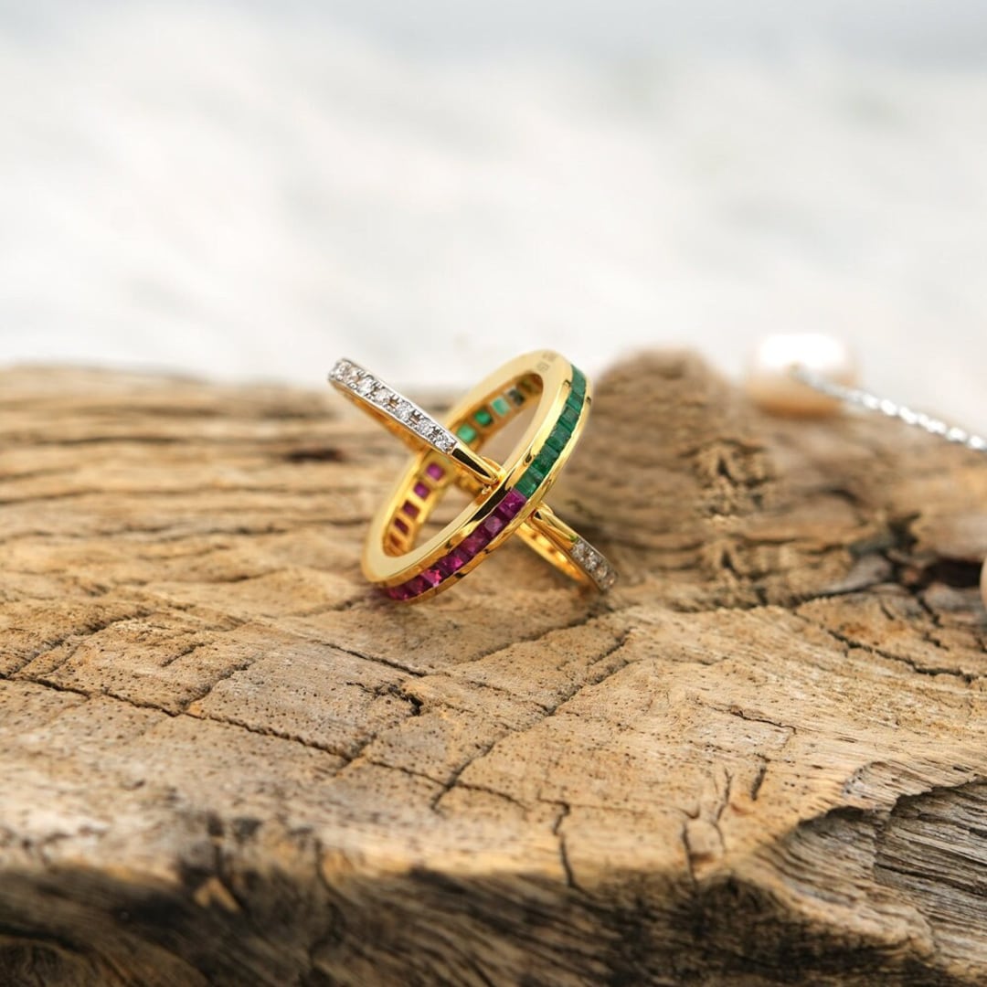 Natural Ruby/emerald & Diamond Studded 14k Gold Reversible Band, Fine ...