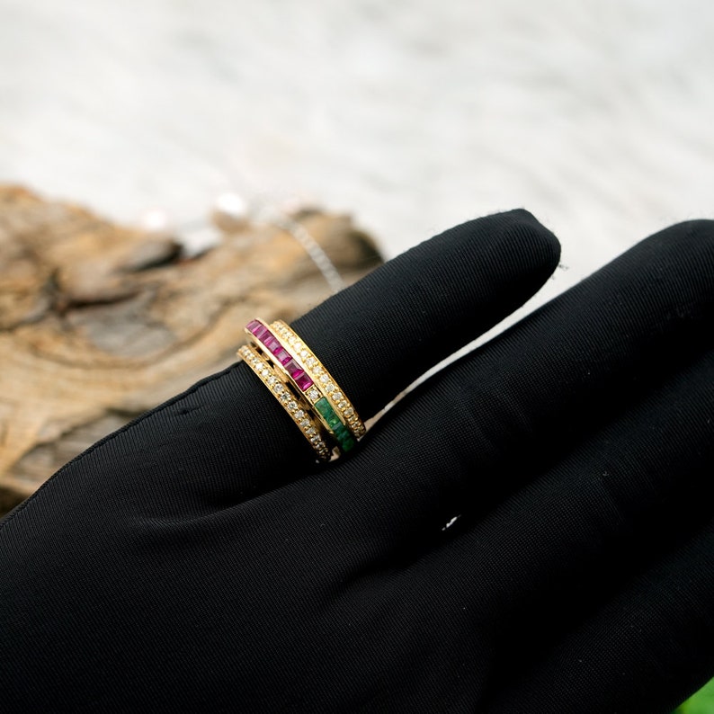 Natural Ruby/emerald/sapphire & Diamond Studded 14k Solid Gold Rotating ...