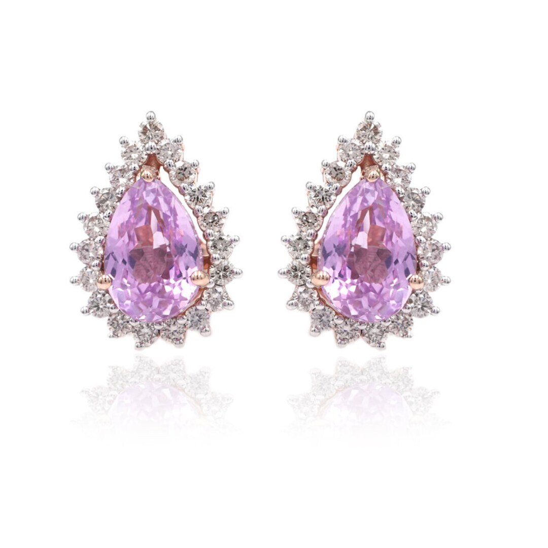 Natural Kunzite & Diamond Studded 14K Solid Gold Studs | Fine Jewelery ...