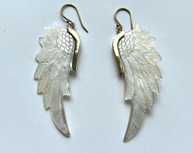 ANGEL MOTHER Carved Mother of Pearl Earrings Shell Elegant Long Angel ...
