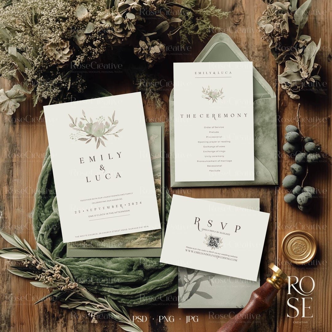 Rustic Wedding Invitation Mockup: Olive Green Card Suite (digital ...