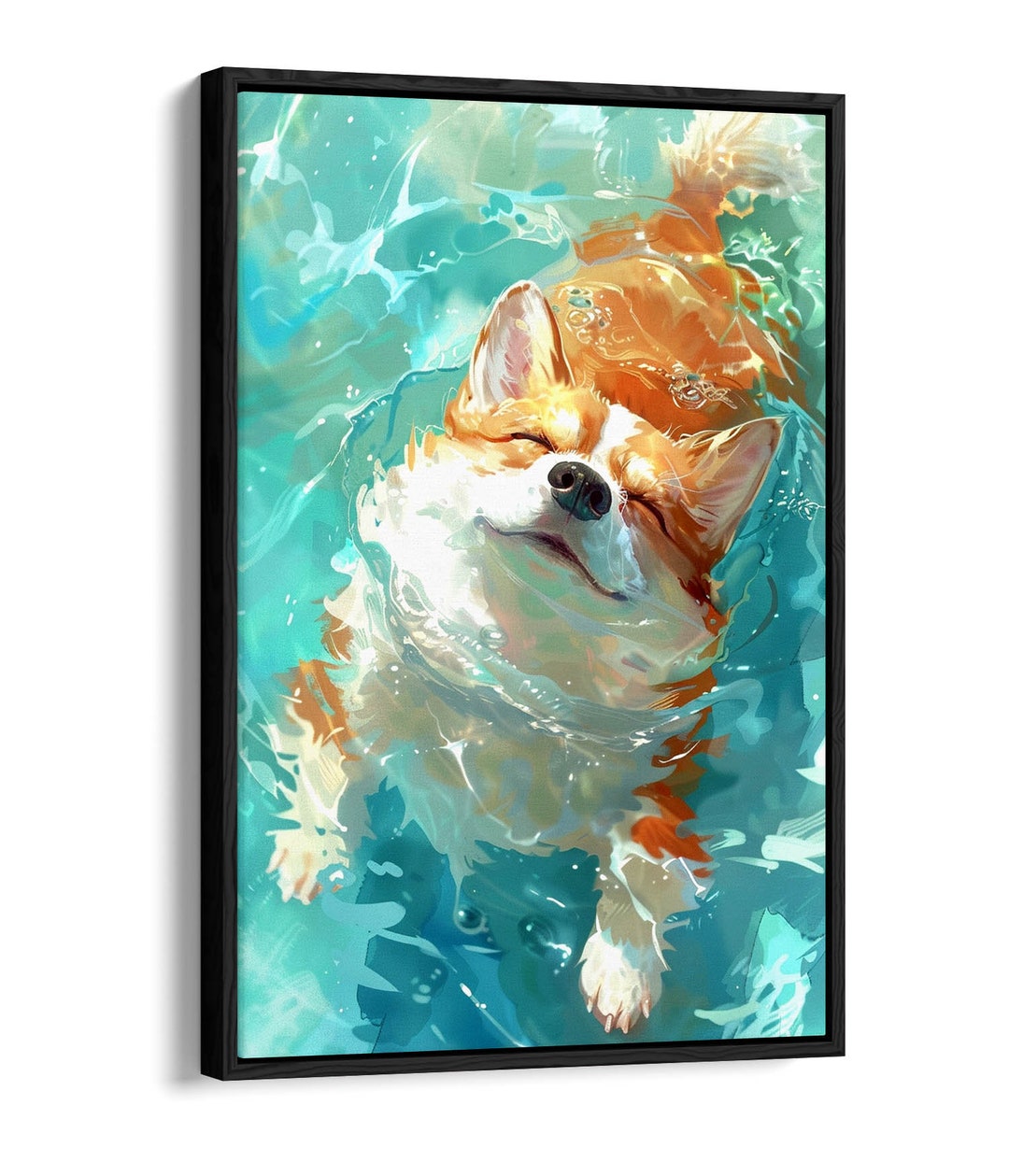 Cute Smilling Corgi in Water -wall Art Float Effect Framed Canvas Print ...