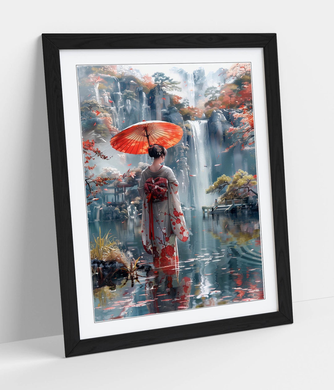 Beautiful Geisha Standing by a Waterfall Wall Art Picture Framed Print ...