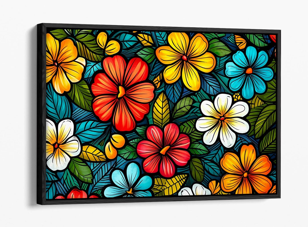 Multi Colour Flowers Hippie Style Wall Art Float Effect Framed Canvas ...