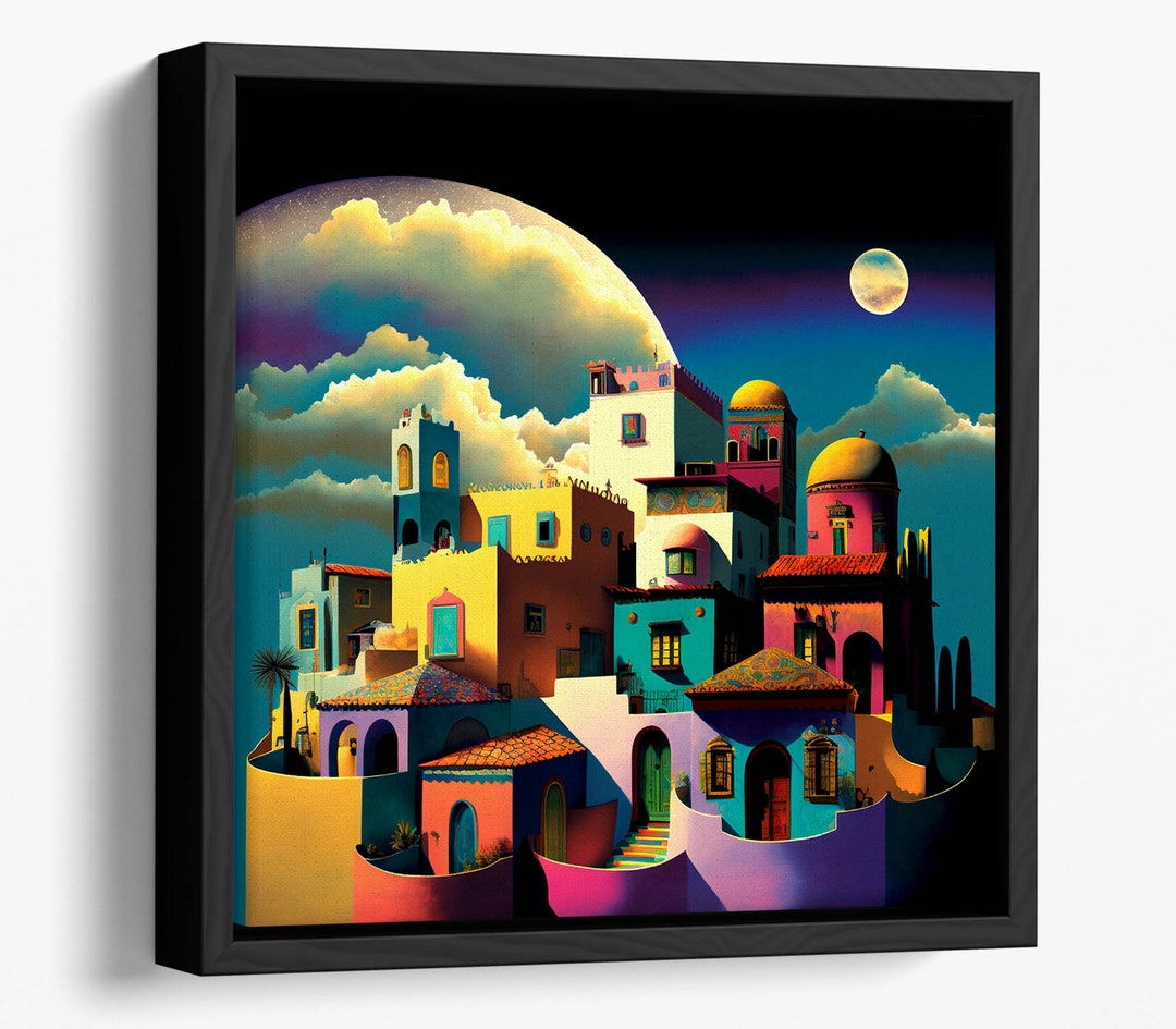 Mexico Houses Magic Realism Skyline Wall Art Float Effect Framed Canvas ...