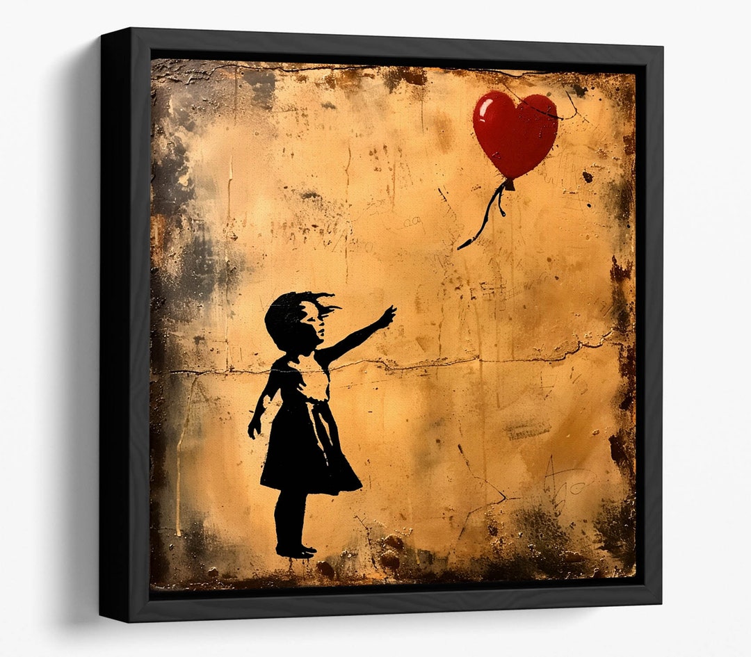 Girl Reaching for Heart Balloon Banksy Orange Wall Art Float Effect ...