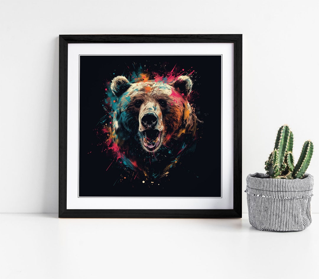 Grizzly Bear Bunt Splash Quadratischer Wandkunst gerahmter Bilddruck ...