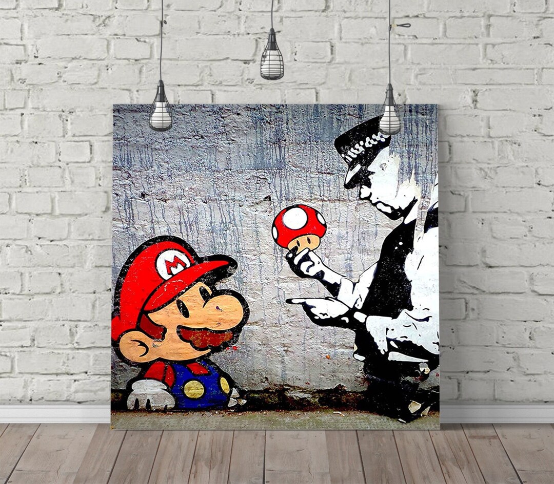 Banksy Mario and Cop stunning Framed Square Canvas Art Print, Graffiti ...
